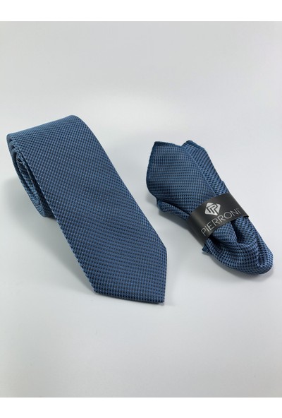 Pierroni Siyah Mavi Desen Mendilli Kravat