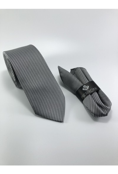 Pierroni Siyah Gri Desen Mendilli Kravat