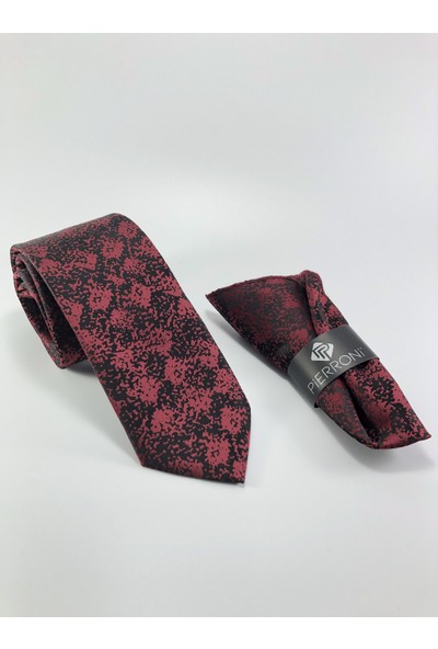 Pierroni Siyah Bordo Desen Mendilli Kravat