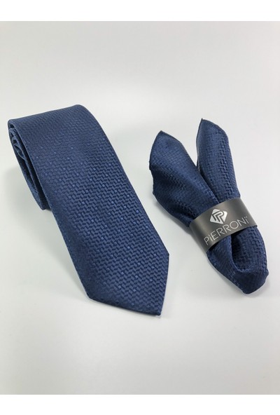 Pierroni Lacivert Nokta Desenli Mendilli Kravat