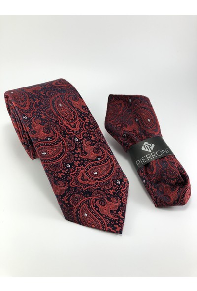 Pierroni Kırmızı Şal Desen Mendilli Kravat