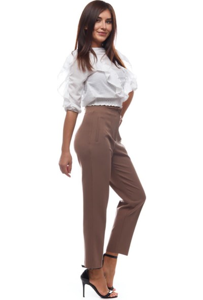 The Pantolon Biye Detaylı Vizon Renkli Klasik Kadın Havuç Pantolon