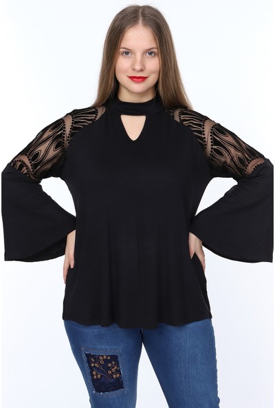 1fazlası Büyük Beden Ispanyol Kol Kabartma Flok Desen Detaylı Bluz 1fazlası Büyük Beden Ispanyol Kol Kabartma Flok Desen Detaylı Bluz