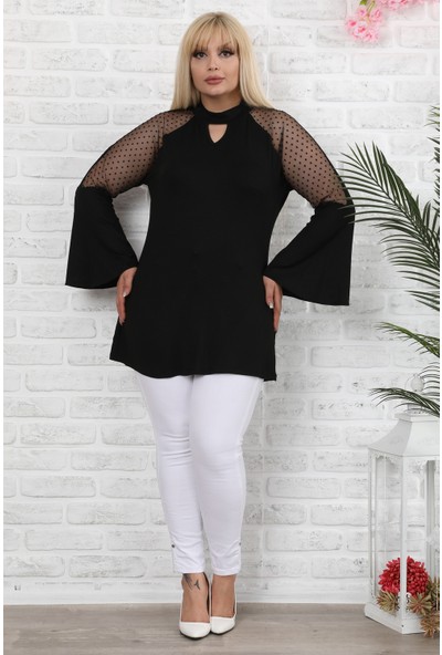 1fazlası Büyük Beden Ispanyol Kol Tül Üzeri Kadife Puantiye Desenli Bluz 1fazlası Büyük Beden Ispanyol Kol Tül Üzeri Kadife Puantiye Desenli Bluz