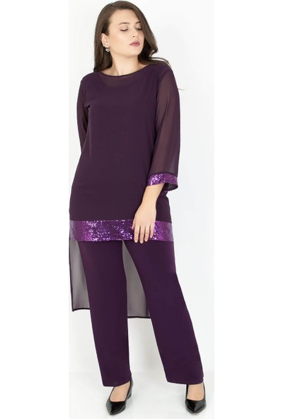 Modaviki Büyük Beden Asimetrik Şifon Bluzlu Tulum Mor FHM752