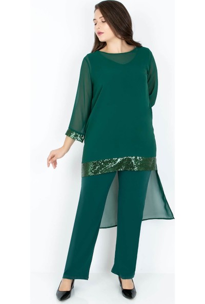 Modaviki Büyük Beden Asimetrik Şifon Bluzlu Tulum Zümrüt FHM752