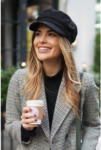Siyah Bayan Şapka Kadın Kasket Yün Flat Cap
