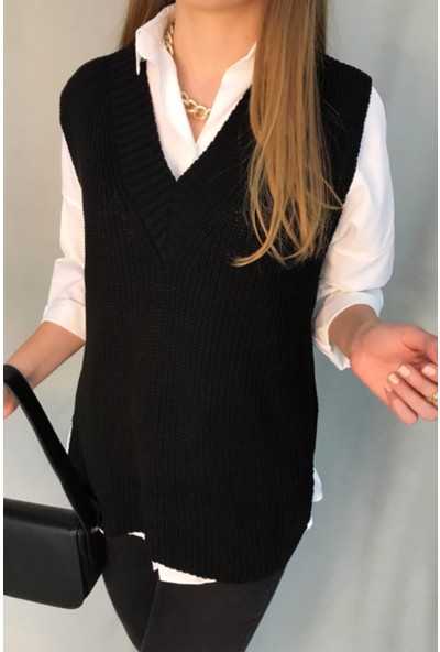 Begonvil Kadın Siyah V Yaka Süveter