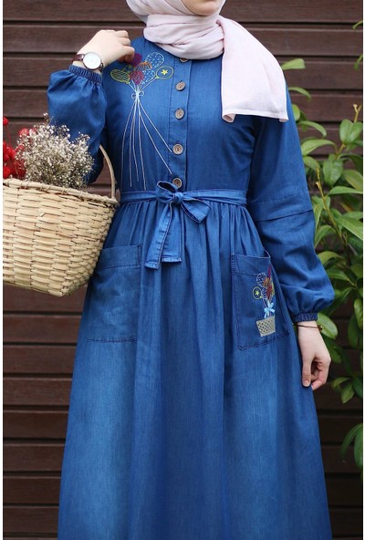 inStyle Balon Nakışlı Kot Elbise - Mavi