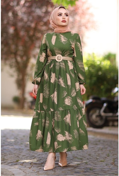 inStyle Fırça Desen Kemerli Elbise - Haki inStyle Fırça Desen Kemerli Elbise - Haki