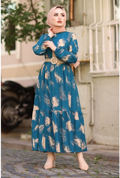 inStyle Fırça Desen Kemerli Elbise - Indigo