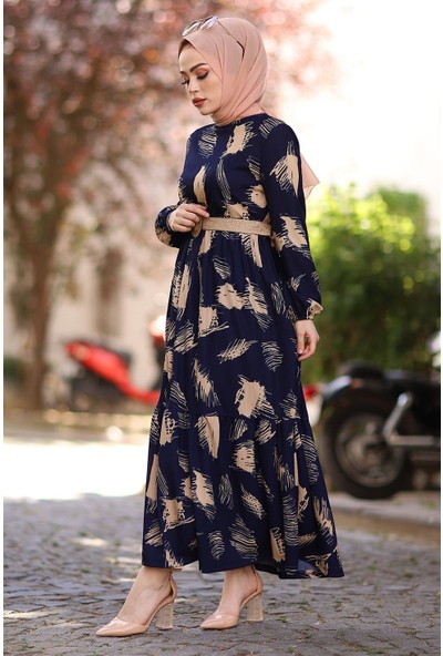 inStyle Fırça Desen Kemerli Elbise - Lacivert