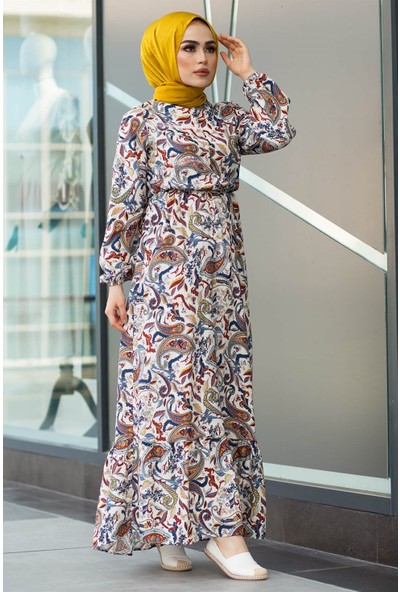 inStyle Şal Desen Dokuma Elbise - Beyaz inStyle Şal Desen Dokuma Elbise - Beyaz