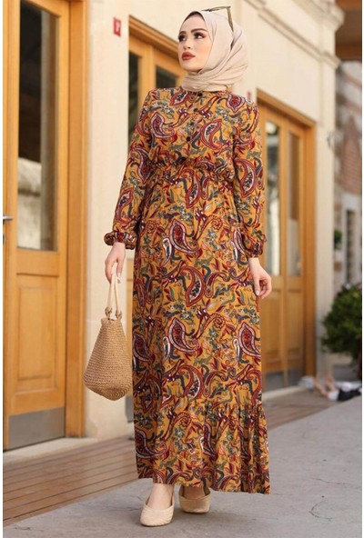inStyle Şal Desen Dokuma Elbise - Hardal inStyle Şal Desen Dokuma Elbise - Hardal