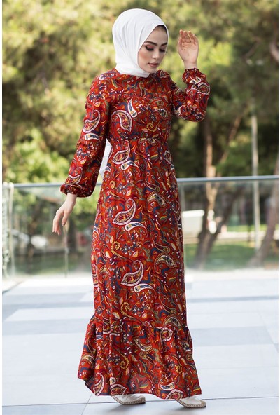 inStyle Şal Desen Dokuma Elbise - Kiremit inStyle Şal Desen Dokuma Elbise - Kiremit