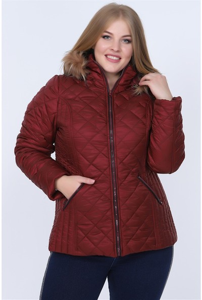 Rmg Kapşonlu Büyük Beden Kapitone Mont Kaban Bordo