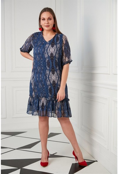 Rmg Kol Detaylı Leopar Desenli Büyük Beden Indigo Elbise