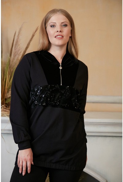 Rmg Pul Payetli Fermuarlı Büyük Beden Siyah Sweatshirt