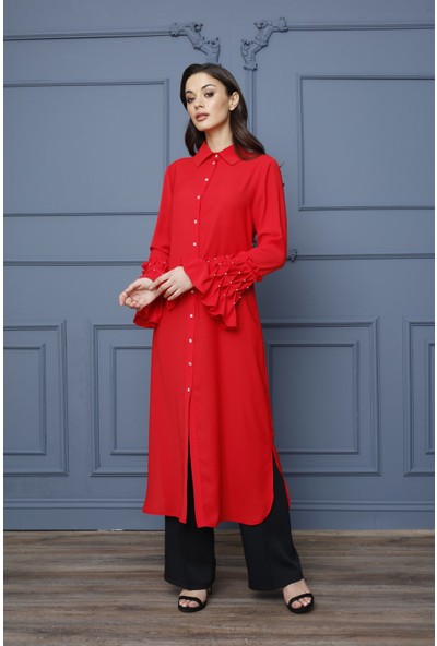 Esswaap Kırmızı - Kolu Manşetli ve Taşlı Abiye Gömlek 40