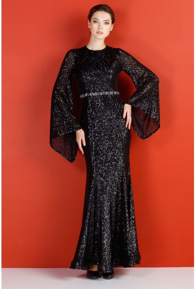 Esswaap Siyah - Beli Taşlı Pul Payetli Abiye Elbise 42
