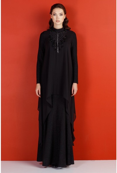 Esswaap Siyah - Önü V Taşlı Şifon Detaylı Abiye Elbise 40