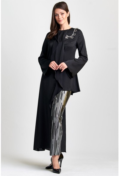 Esswaap Siyah Omzu Taş Aksesuarlı Etekli Abiye Takım 38