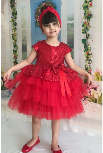 MNK Kırmızı Pul Payet Kız Çocuk Parti Elbise MNK Kırmızı Pul Payet Kız Çocuk Parti Elbise