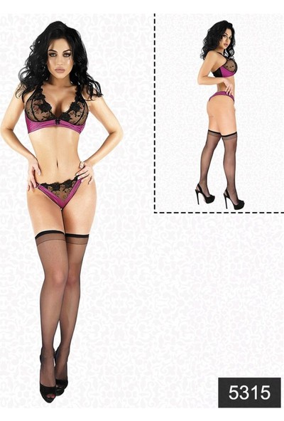 Elawin Saten Dantelli Fantazi Çorap Sütyen Tanga Set