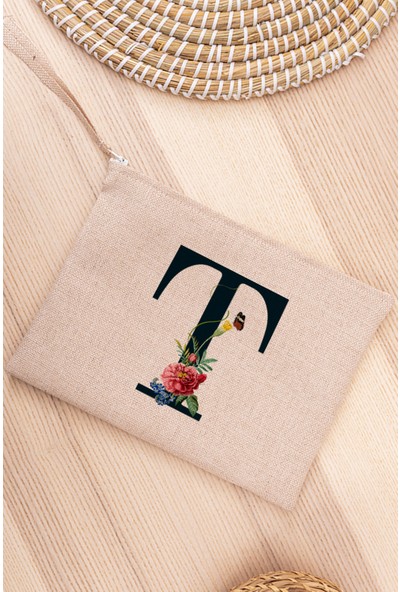 Hediyedukkani T Harfi Çiçek Tasarım Keten Bez El Çantası