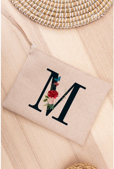 Hediyedukkani M Harfi Çiçek Tasarım Keten Bez El Çantası