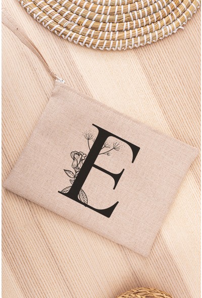 Hediyedukkani E Harfi Çiçekli Keten Bez El Çantası