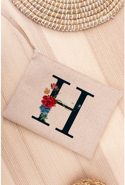 Hediyedukkani H Harfi Çiçek Tasarım Keten Bez El Çantası