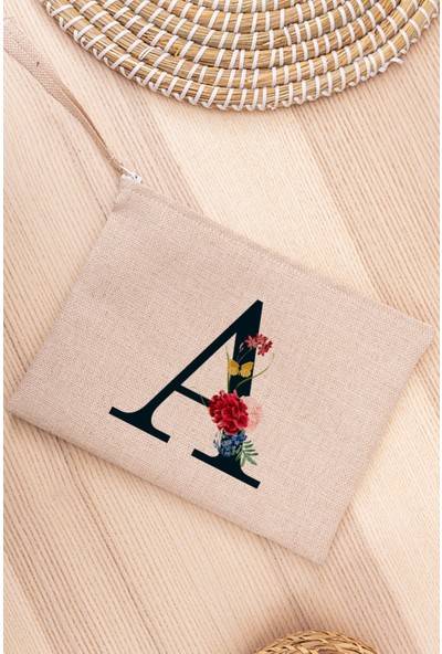 Hediyedukkani A Harfi Çiçek Tasarım Keten Bez El Çantası