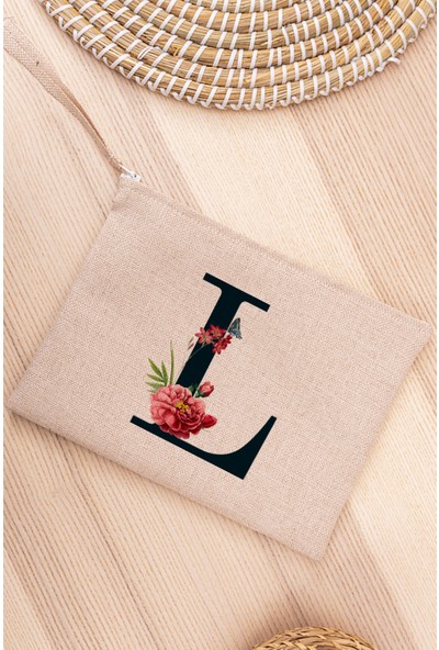 Hediyedukkani L Harfi Çiçek Tasarım Keten Bez El Çantası