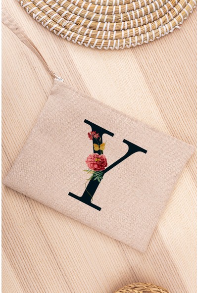 Hediyedukkani Y Harfi Çiçek Tasarım Keten Bez El Çantası