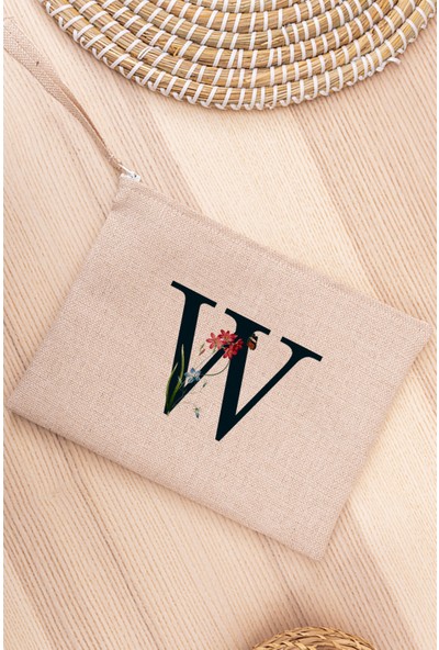 Hediyedukkani W Harfi Çiçek Tasarım Keten Bez El Çantası