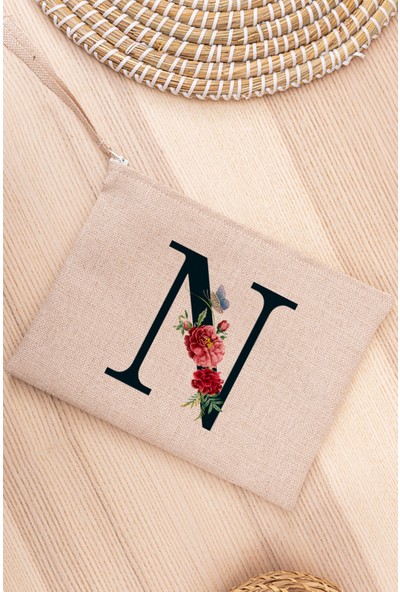 Hediyedukkani N Harfi Çiçek Tasarım Keten Bez El Çantası