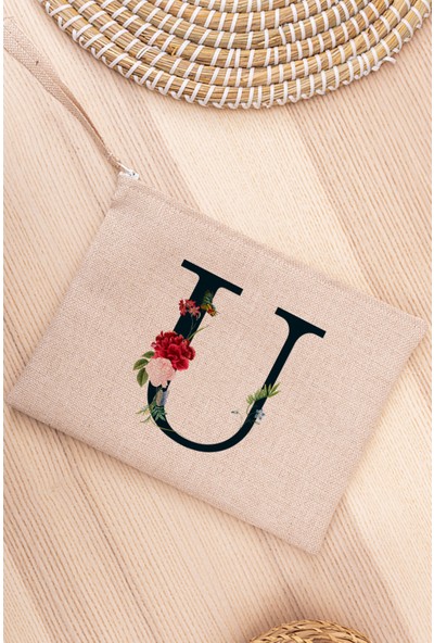 Hediyedukkani U Harfi Çiçek Tasarım Keten Bez El Çantası