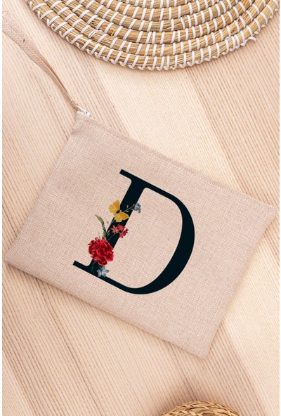 Hediyedukkani D Harfi Çiçek Tasarım Keten Bez El Çantası