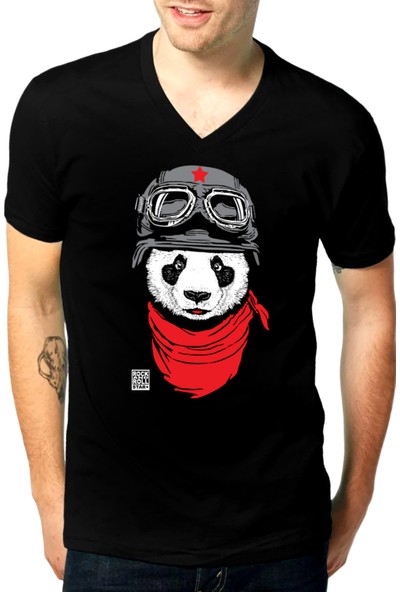 Rock&Roll Bandanalı Panda Siyah V Yaka Kısa Kollu Erkek T-Shirt Rock&Roll Bandanalı Panda Siyah V Yaka Kısa Kollu Erkek T-Shirt