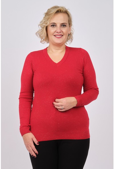 Desen Triko Kadın V Yaka Kazak 02420365 Kırmızı