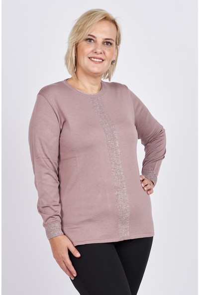 Büşra Kadın Şerit Detaylı Yuvarlak Yaka Triko Kazak 3998220 Pudra