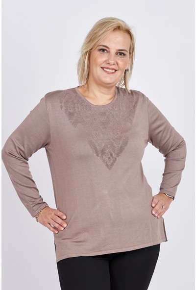 Büşra Kadın Kabartma Desenli Yuvarlak Yaka Triko Kazak 3998218 Vizon