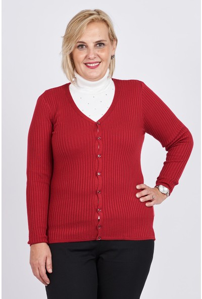 Büşra Kadın Düğmeli V Yaka Hırka 3997258 Kırmızı