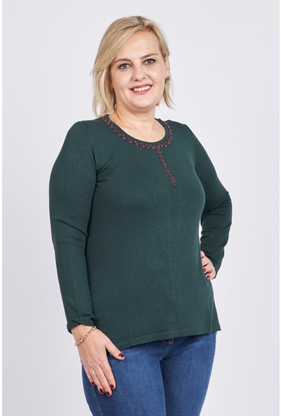 Desen Triko Kadın Yakası Nakış Detaylı Kazak 0249282 Yeşil