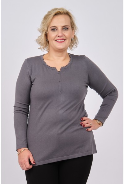 Desen Triko Kadın Yaka Detaylı Kazak 0249285 Füme