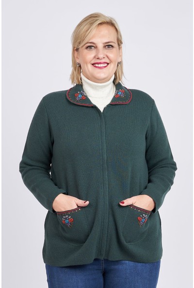 Desen Triko Kadın Nakış Detaylı Yün Hırka 0249133 Yeşil