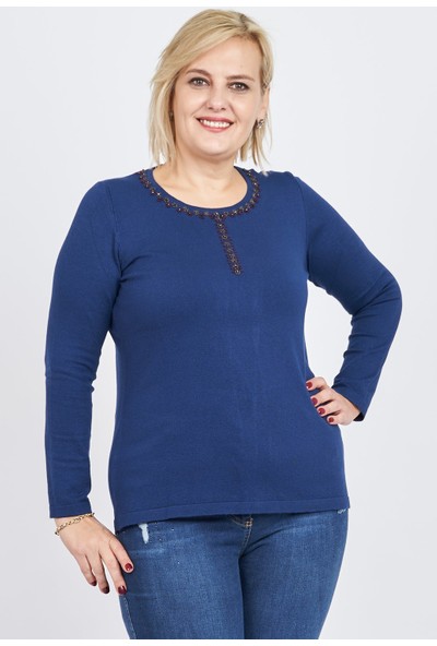 Desen Triko Kadın Yakası Nakış Detaylı Kazak 0249282 Indigo