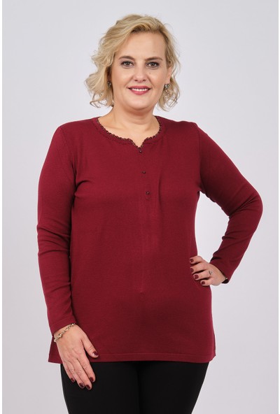 Desen Triko Kadın Yaka Detaylı Kazak 0249285 Vişne