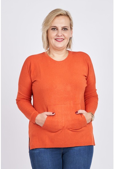 Desen Triko Kadın Kanguru Cepli Kazak 0249372 Oranj